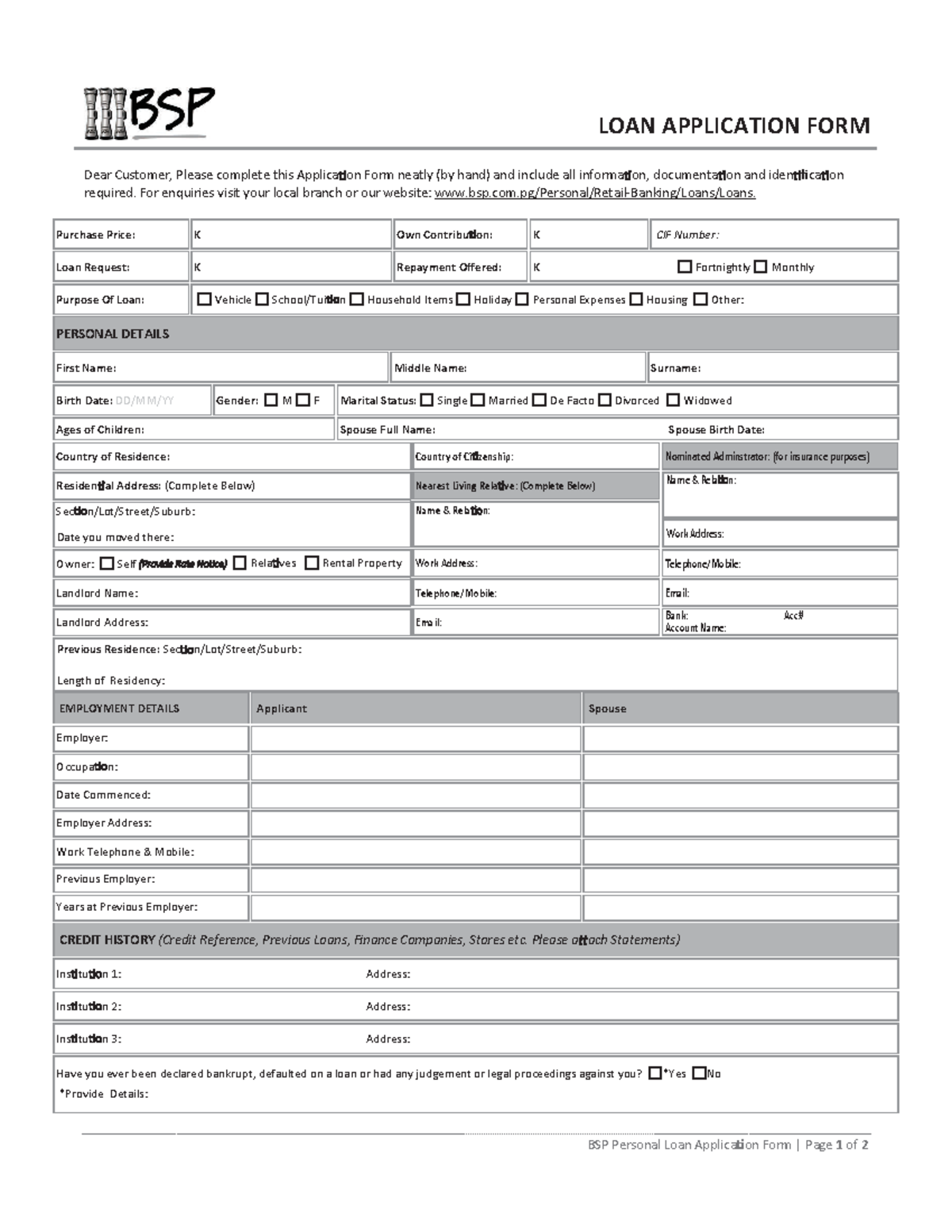 Personal Loan Application Form LOAN APPLICATION FORM BSP Personal