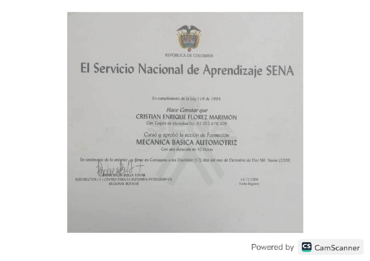 Certificado - Cristian FLorez - REPUBLICA DE COLOMBIA El Servicio ...