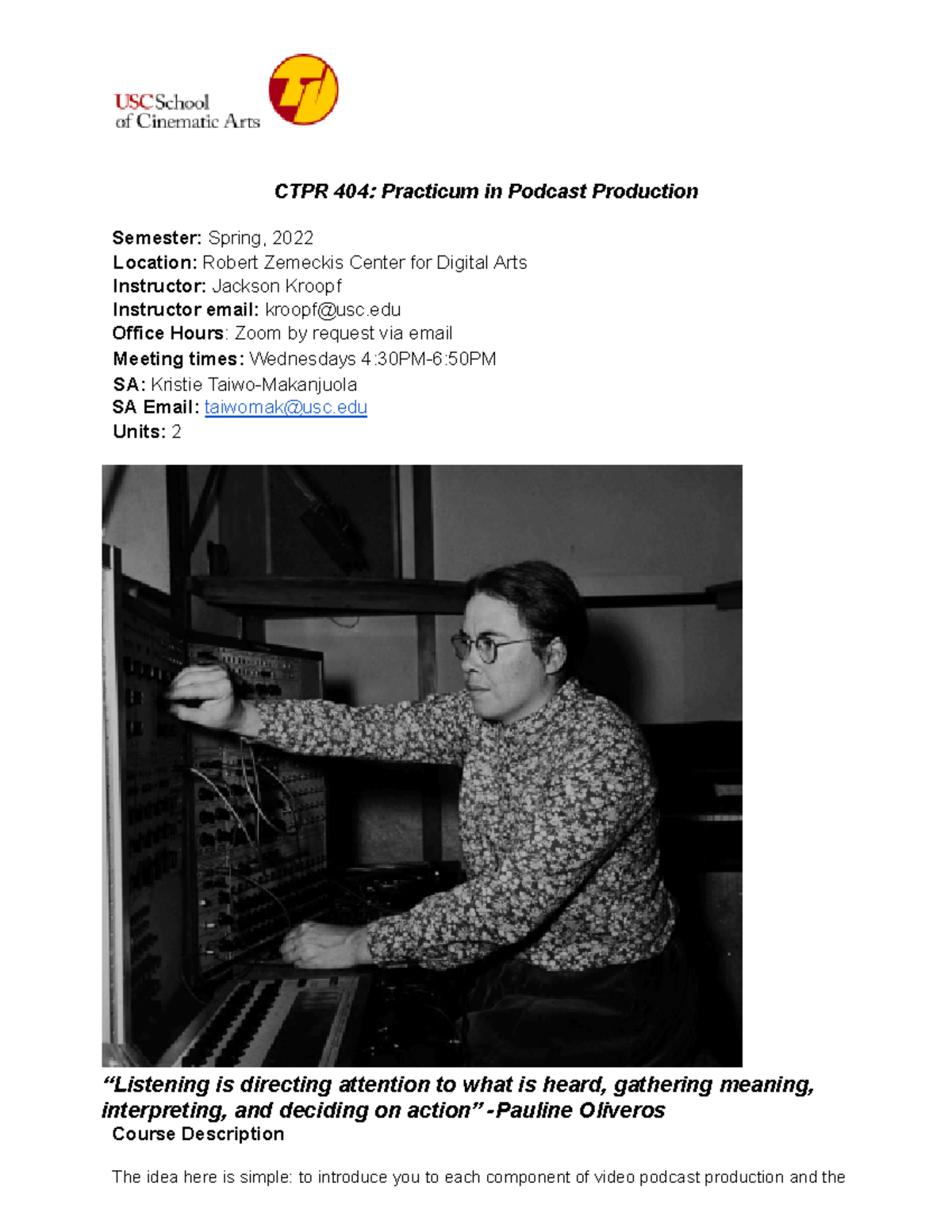 CTPR 404 Syllabus Practicum in Podcast Production 011122 - CTPR 404 ...