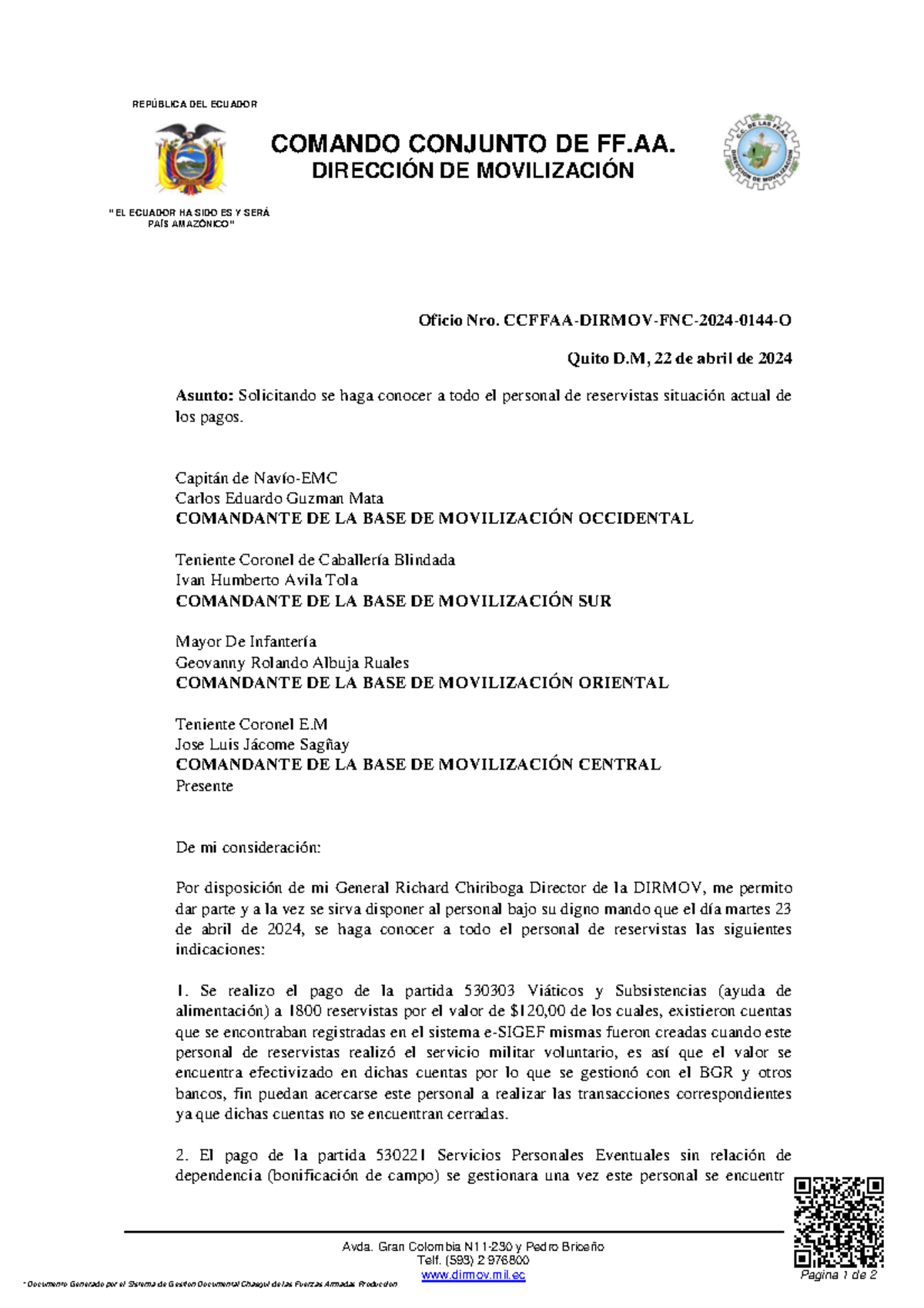 Ccffaa Dirmov FNC 2024 0144 O - Avda. Gran Colombia N11-230 y Pedro ...