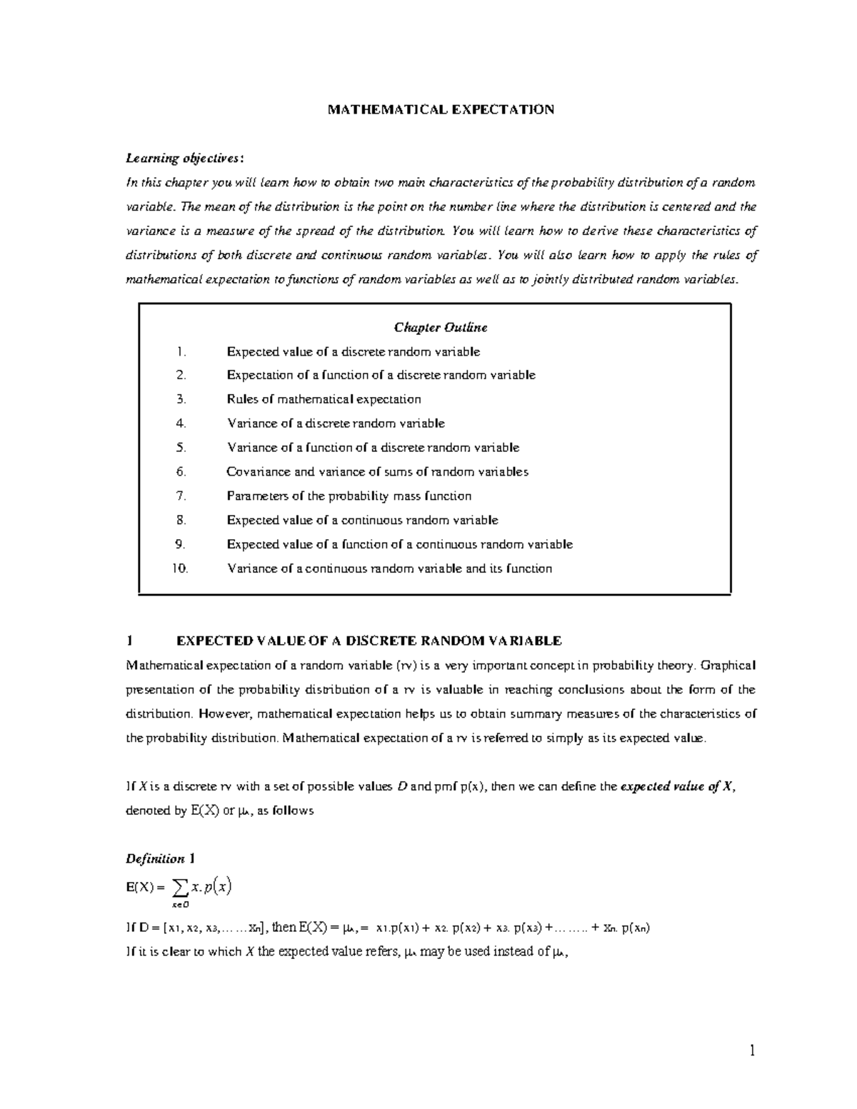 Mathematical Expectation - MATHEMATICAL EXPECTATION Learning objectives ...