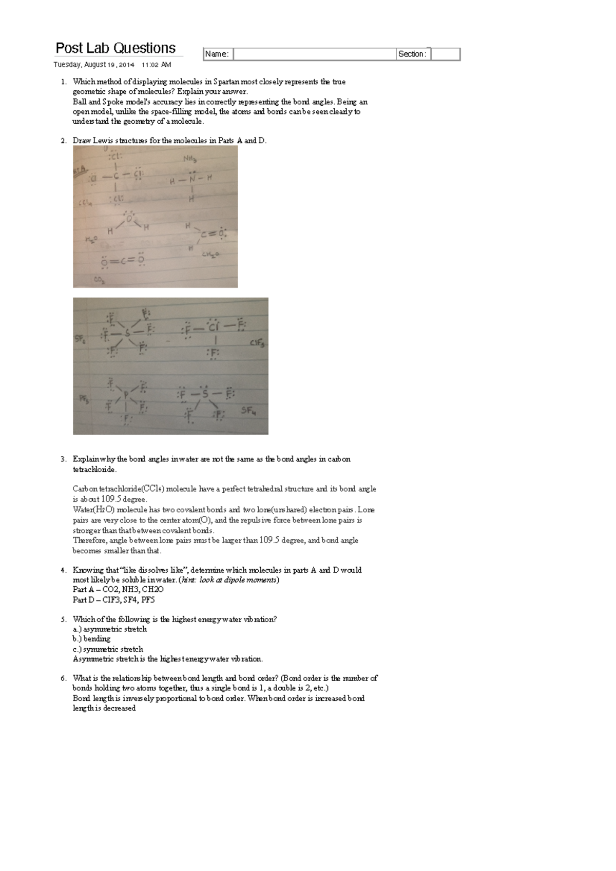 Molecular Modelling Post-Lab Questions - Post Lab Questions Tuesday ...