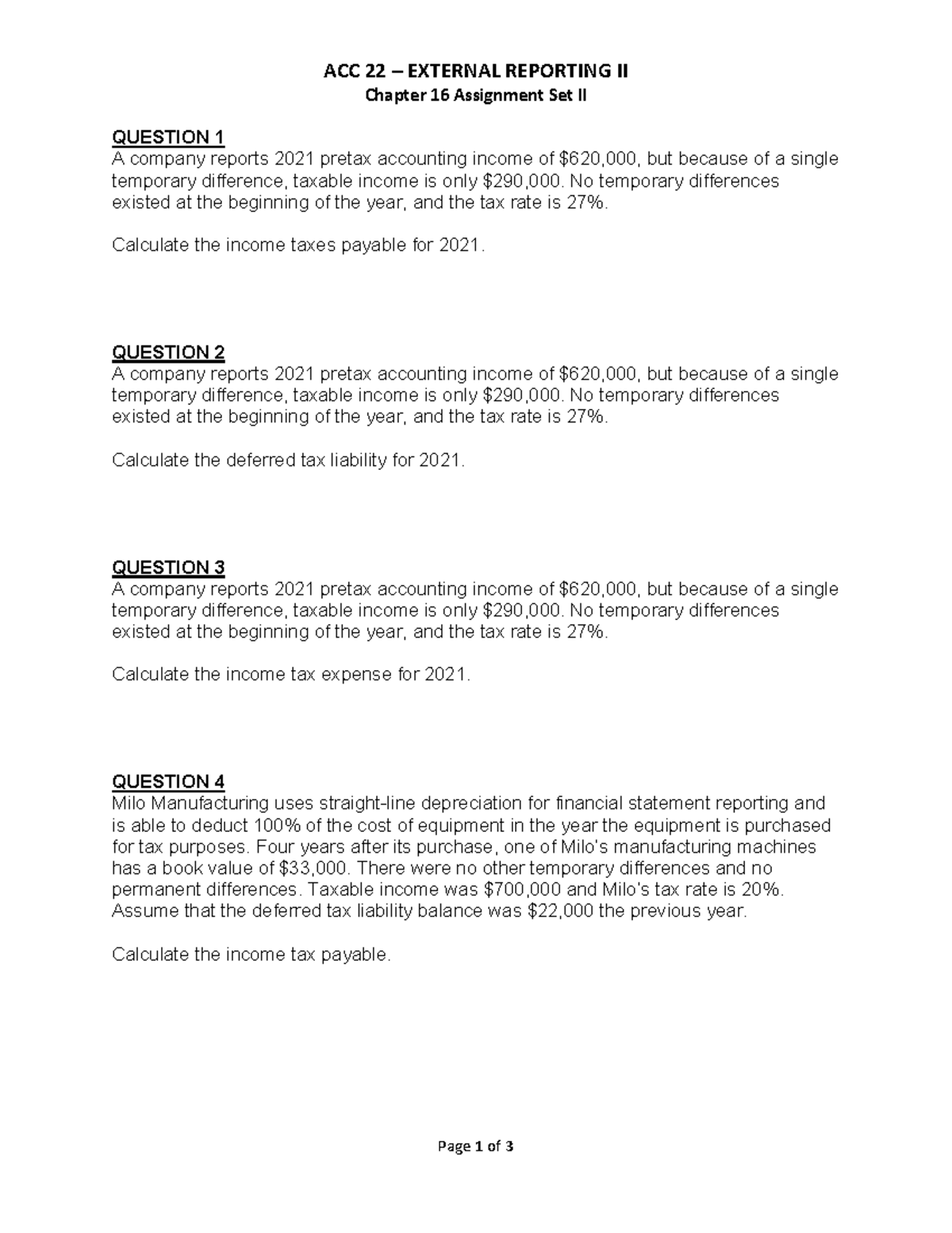 Chapter 16 Assignment Set 2 - ACC 22 – EXTERNAL REPORTING II Chapter 16 Assignment Set II Page 1 ...
