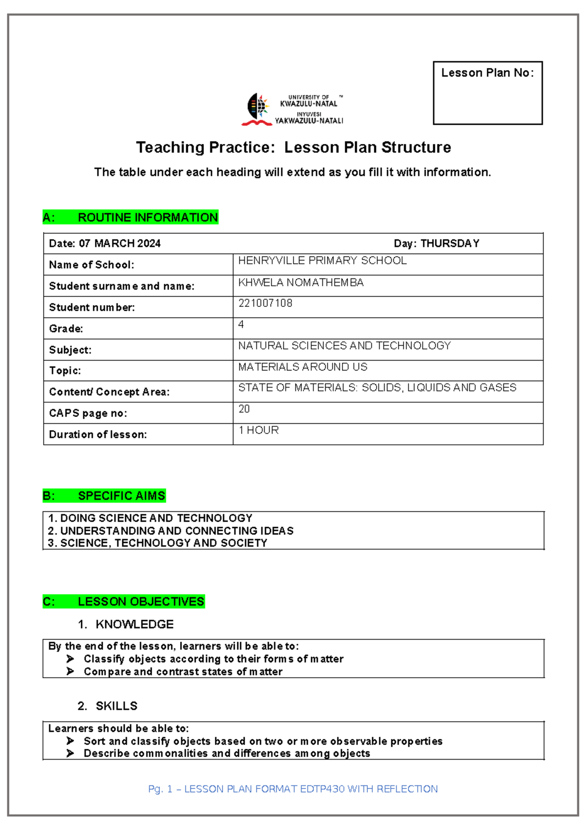 Nomathemba Khwela 07 March Lesson - Teaching Practice: Lesson Plan ...