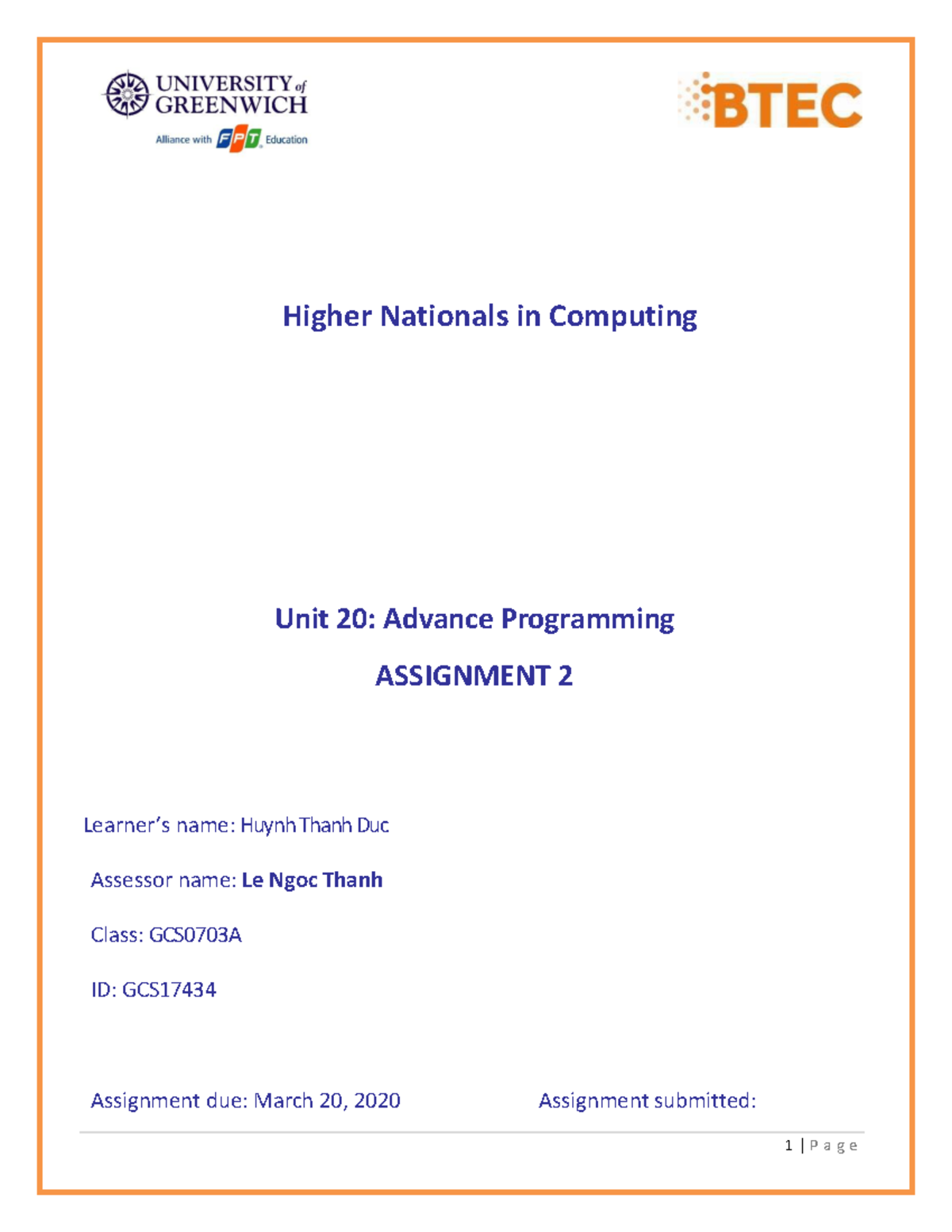1651 Huynh Thanh Duc GCS17434 GCS0703A Assignement 2 - Higher Nationals in Computing Unit 20 ...