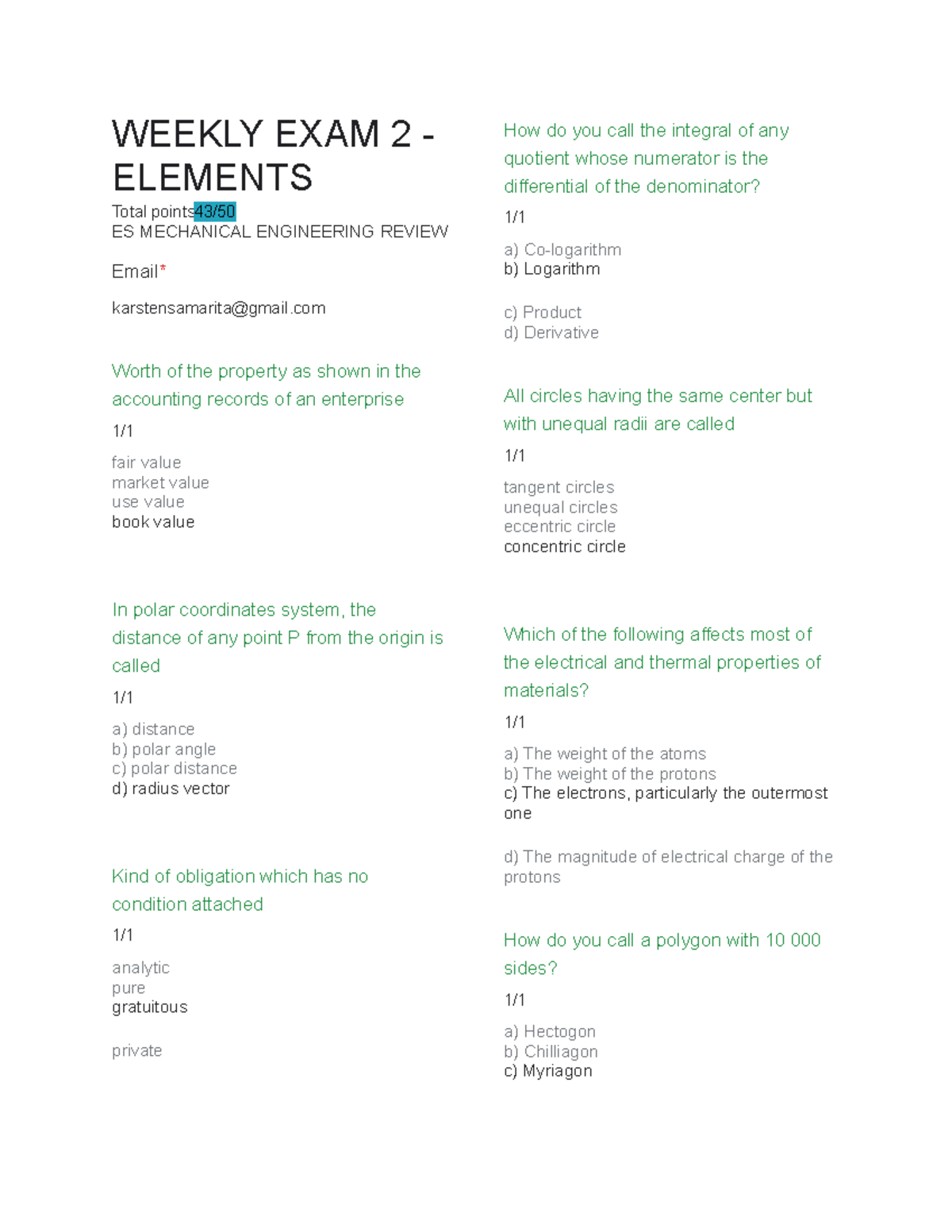 Weekly EXAM 2 elements - EXAM - WEEKLY EXAM 2 - ELEMENTS Total points43 ...
