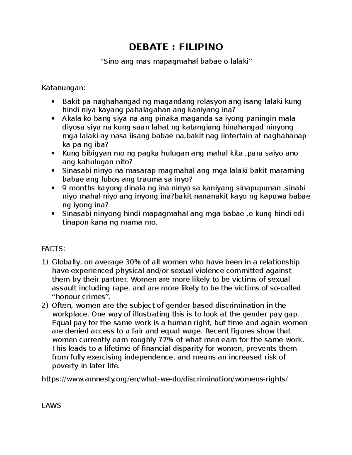 Debate para sa ikalawang quarter - DEBATE : FILIPINO “Sino ang mas ...