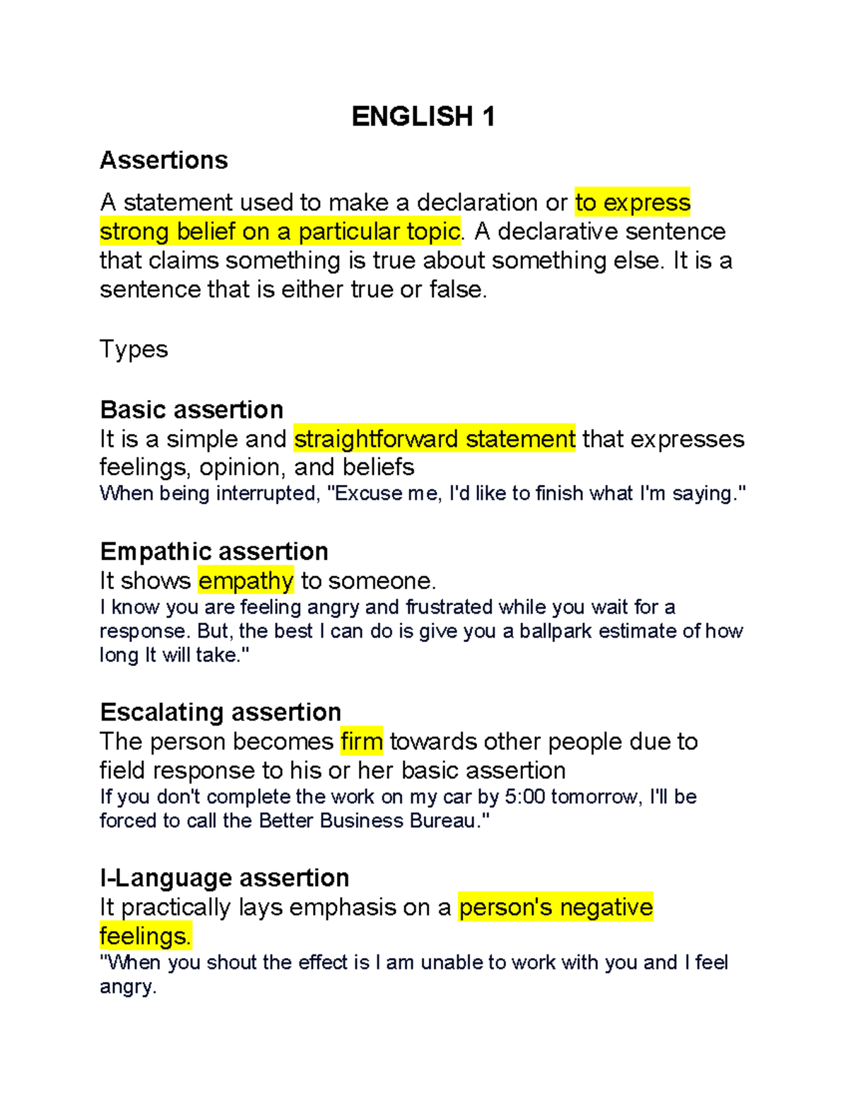 English 1 - ENGLISH 1 Assertions A statement used to make a declaration ...