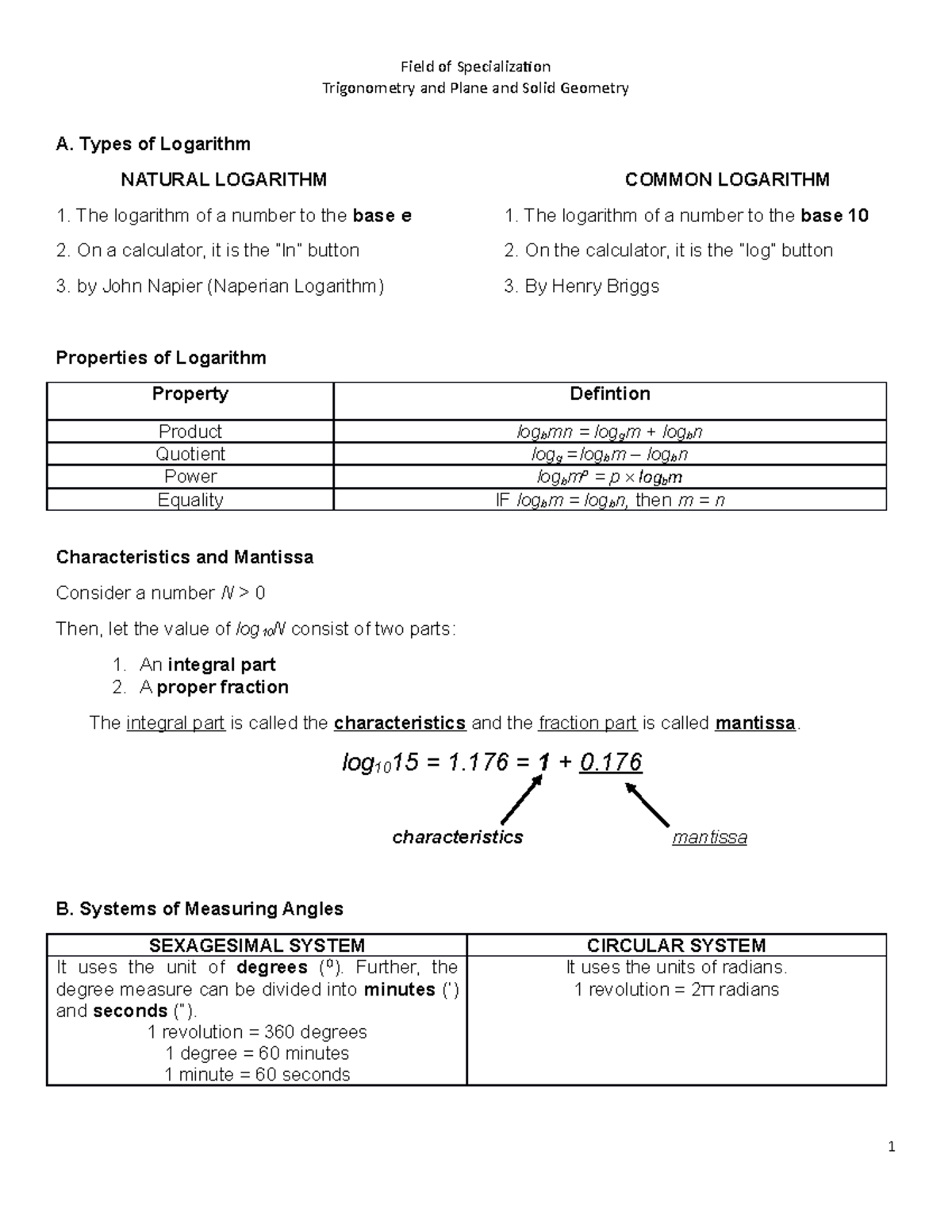 Trig Geom Handout(1-12) - Trigonometry and Plane and Solid Geometry A ...