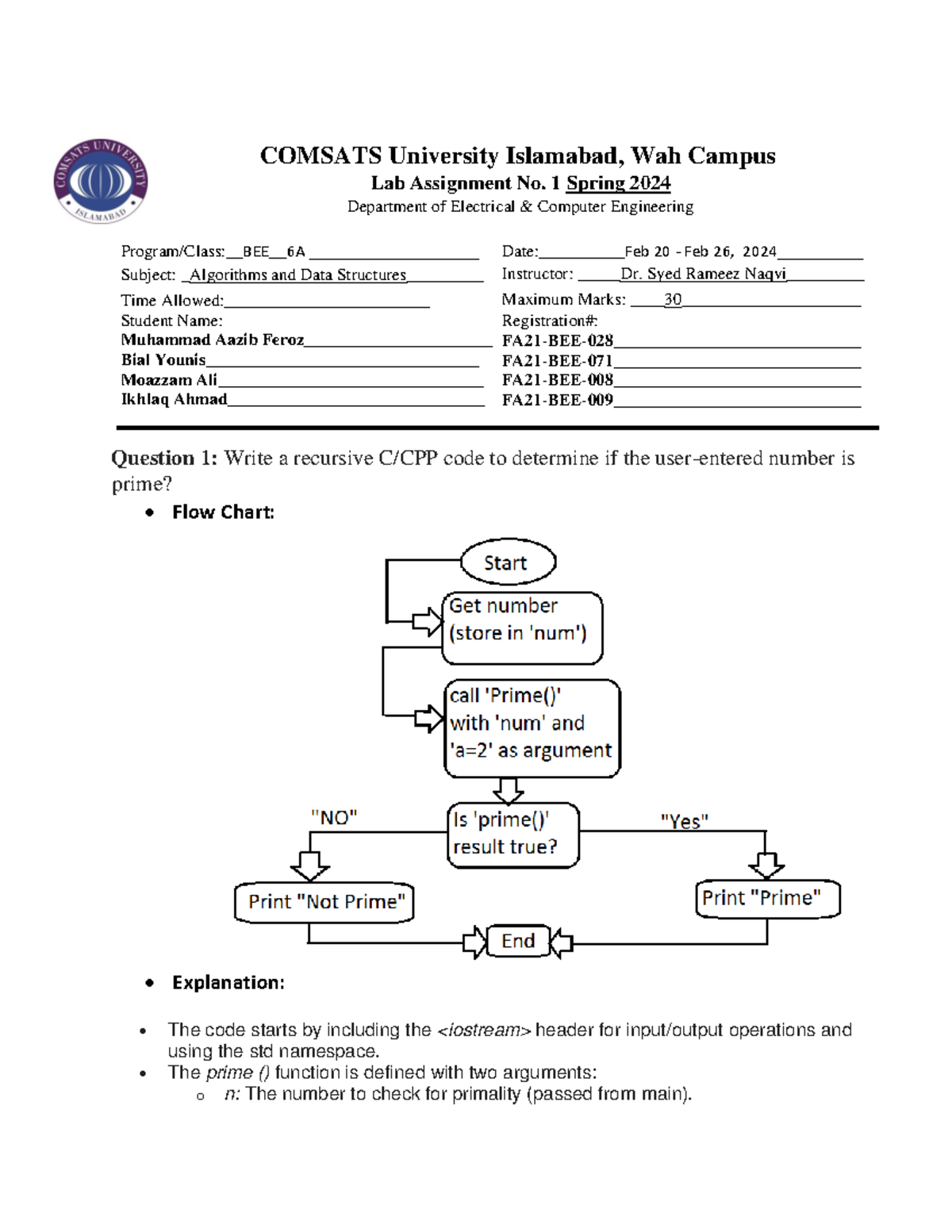A&DS Assignment 1 - COMSATS University Islamabad, Wah Campus Lab Assignment No. 1 Spring 2024 ...