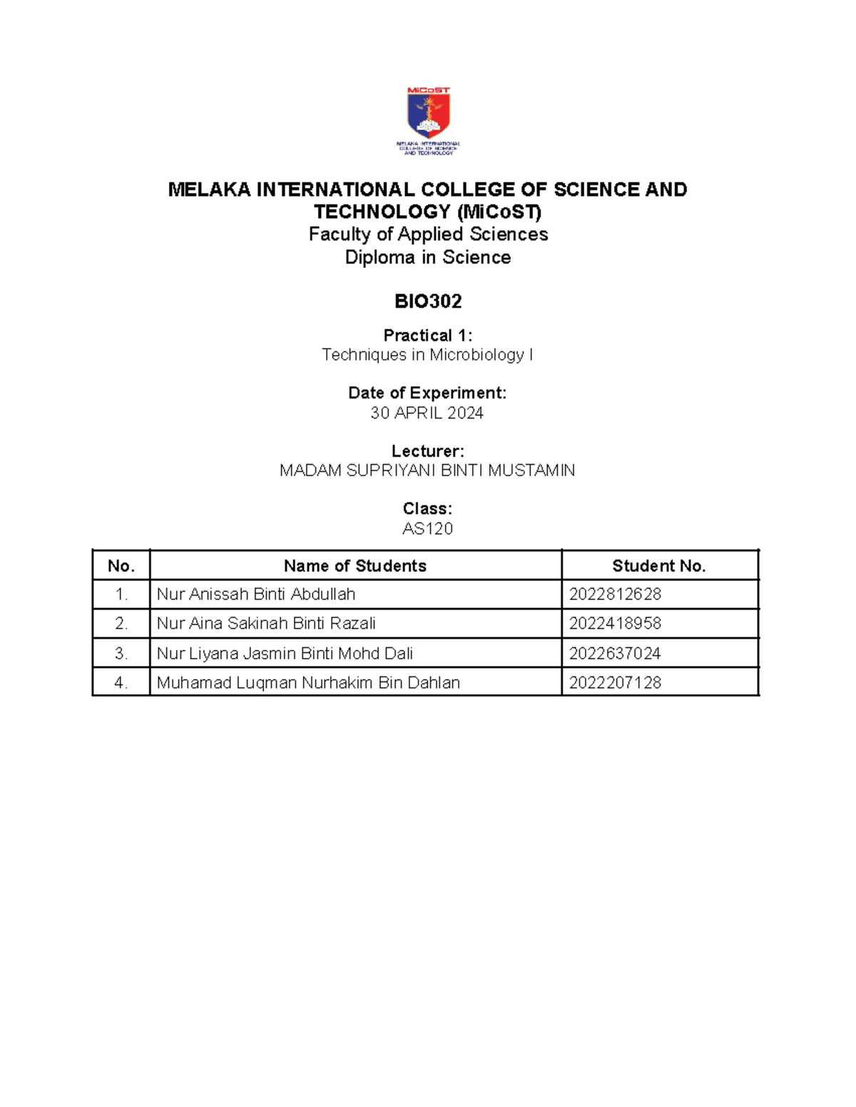 LAB Report BIO 302 - Baik - MELAKA INTERNATIONAL COLLEGE OF SCIENCE AND ...