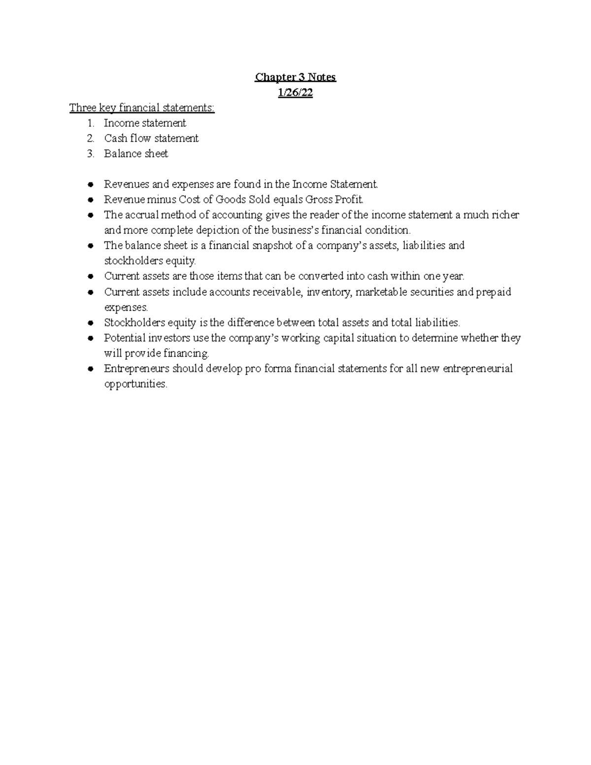 Chapter 3 notes - Chapter 3 Notes 1/26/ Three key financial statements ...