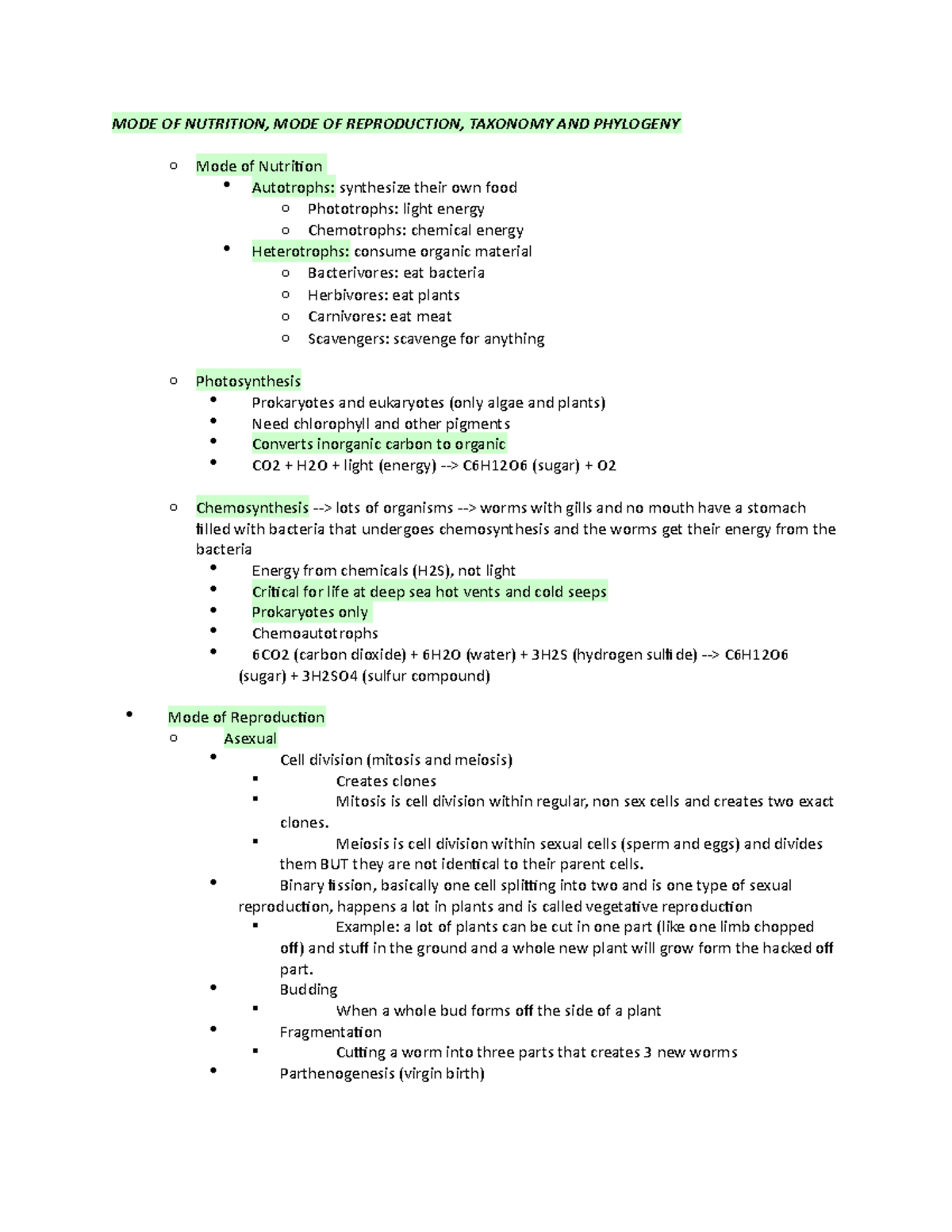 Mode of nutrition, mode of reproduction, taxonomy and phylogeny - MODE ...