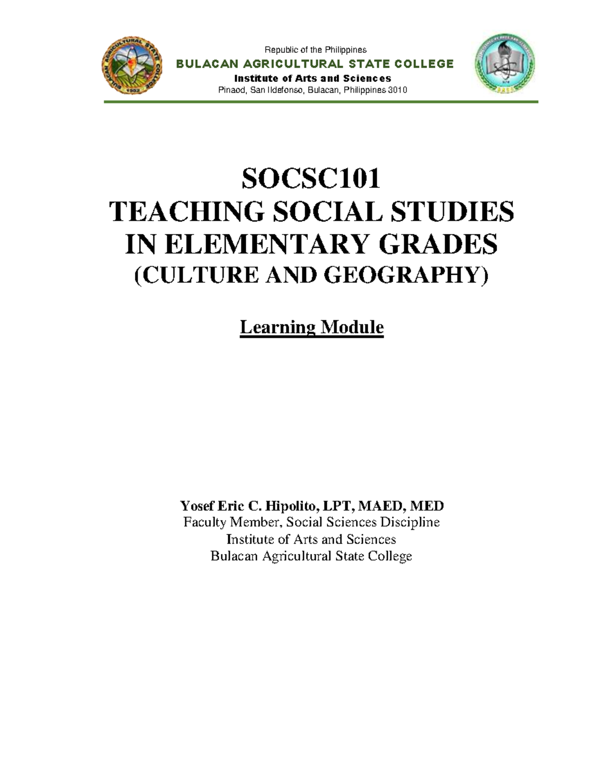 BASC Module- Teaching Social Studies in Elementary Grades (Culture and ...