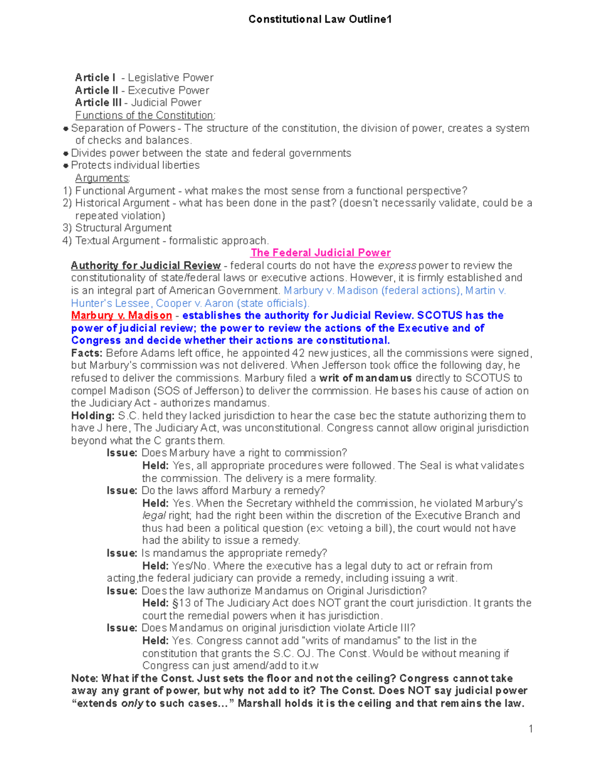 CON LAW Outline - Article I - Legislative Power Article II - Executive ...