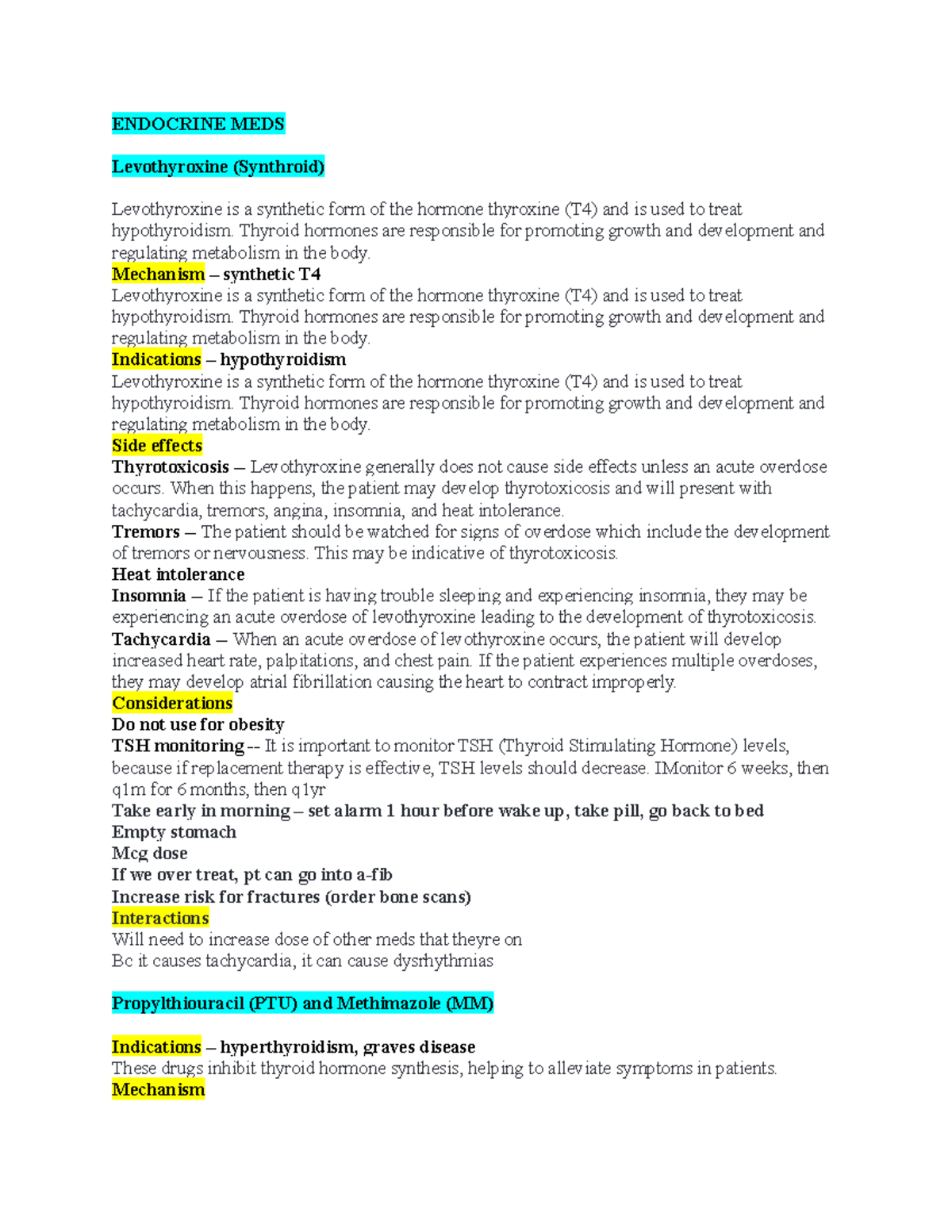 Exam 5 pharm - ENDOCRINE MEDS Levothyroxine (Synthroid) Levothyroxine ...