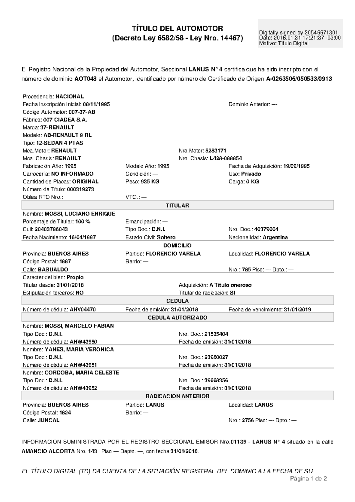Titulo - TÍTULO DEL AUTOMOTOR (Decreto Ley 6582/58 - Ley Nro. 14467) El ...