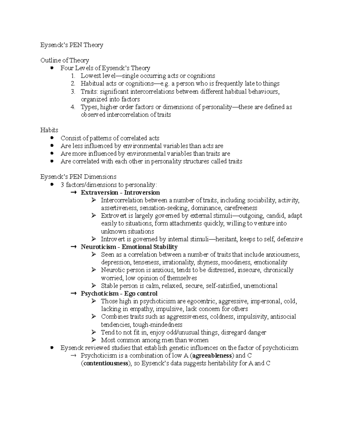 Eysenck's PEN Theory - Lecture notes 7 - PEN Theory Outline of Theory ...