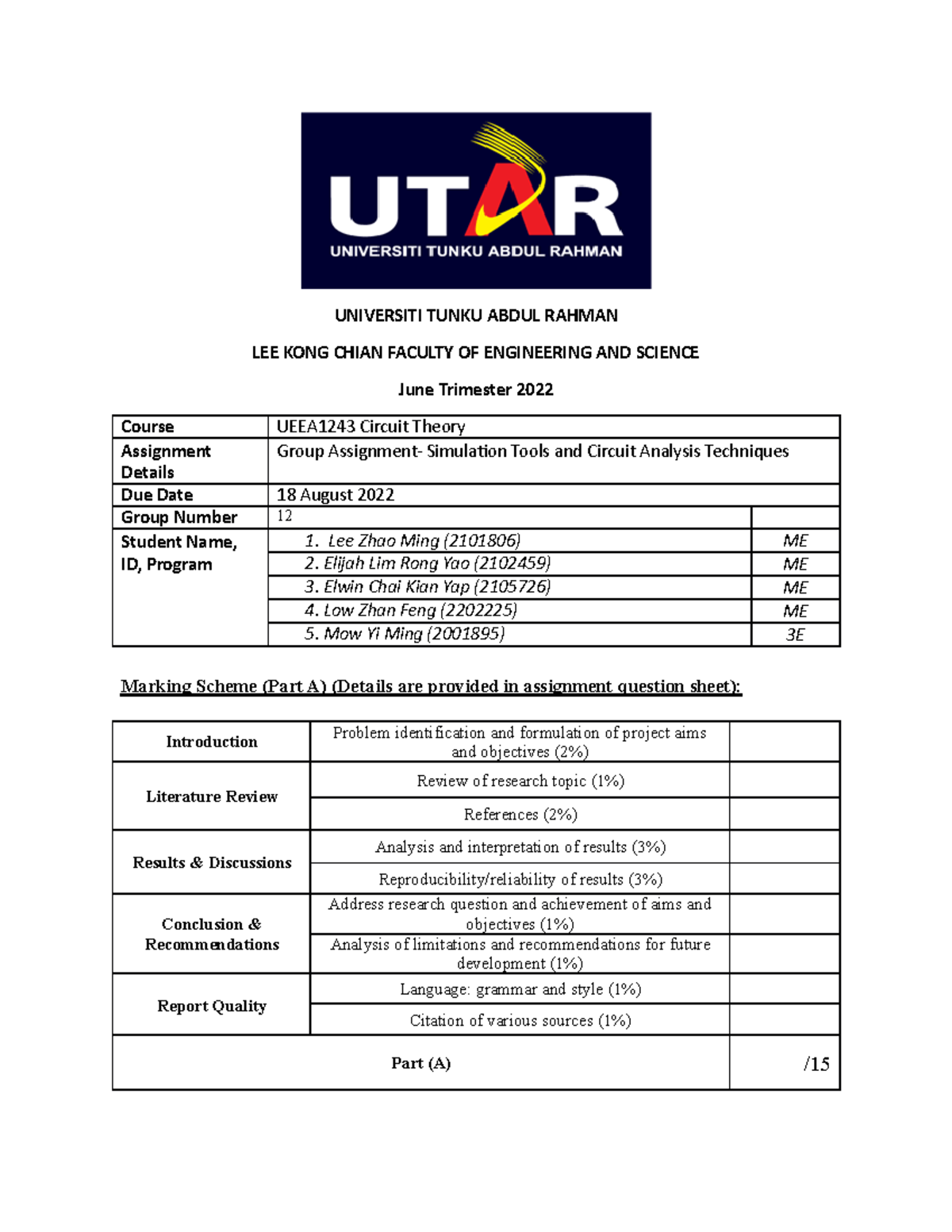 Circuit Assignment Universiti Tunku Abdul Rahman Lee Kong Chian