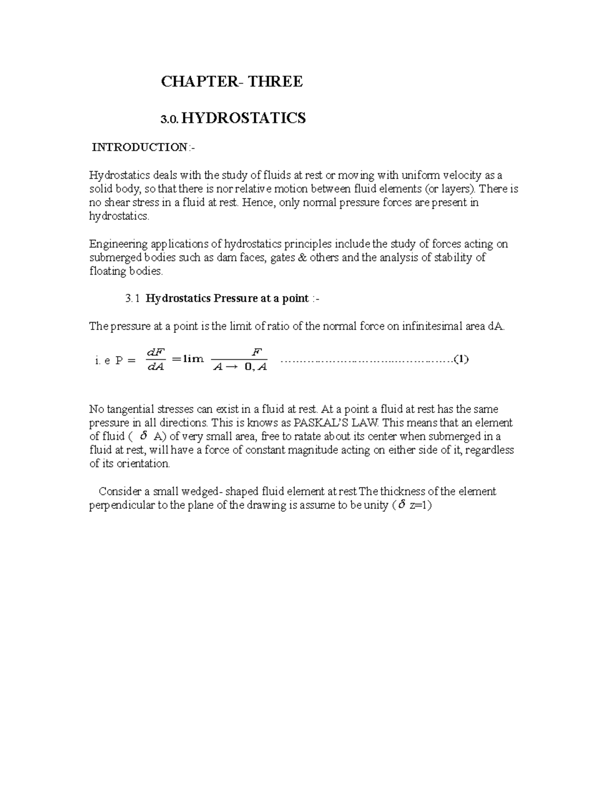 Chapter 3 Hydrostatics - CHAPTER- THREE 3. HYDROSTATICS INTRODUCTION ...
