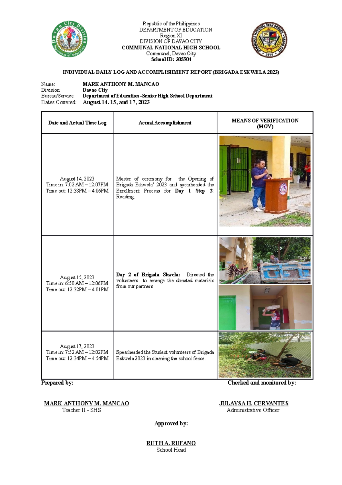 Mancao Brigada IARLI - Republic of the Philippines DEPARTMENT OF ...