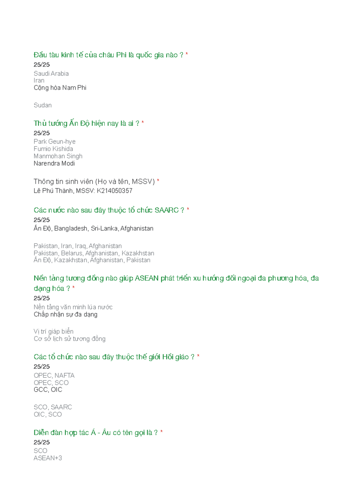 đề thi QHQT 2 - ềt5ytghy - Đ ầu tàu kinh t ế c ủa châu Phi là qu ốc gia nào? * 25/ Saudi Arabia ...