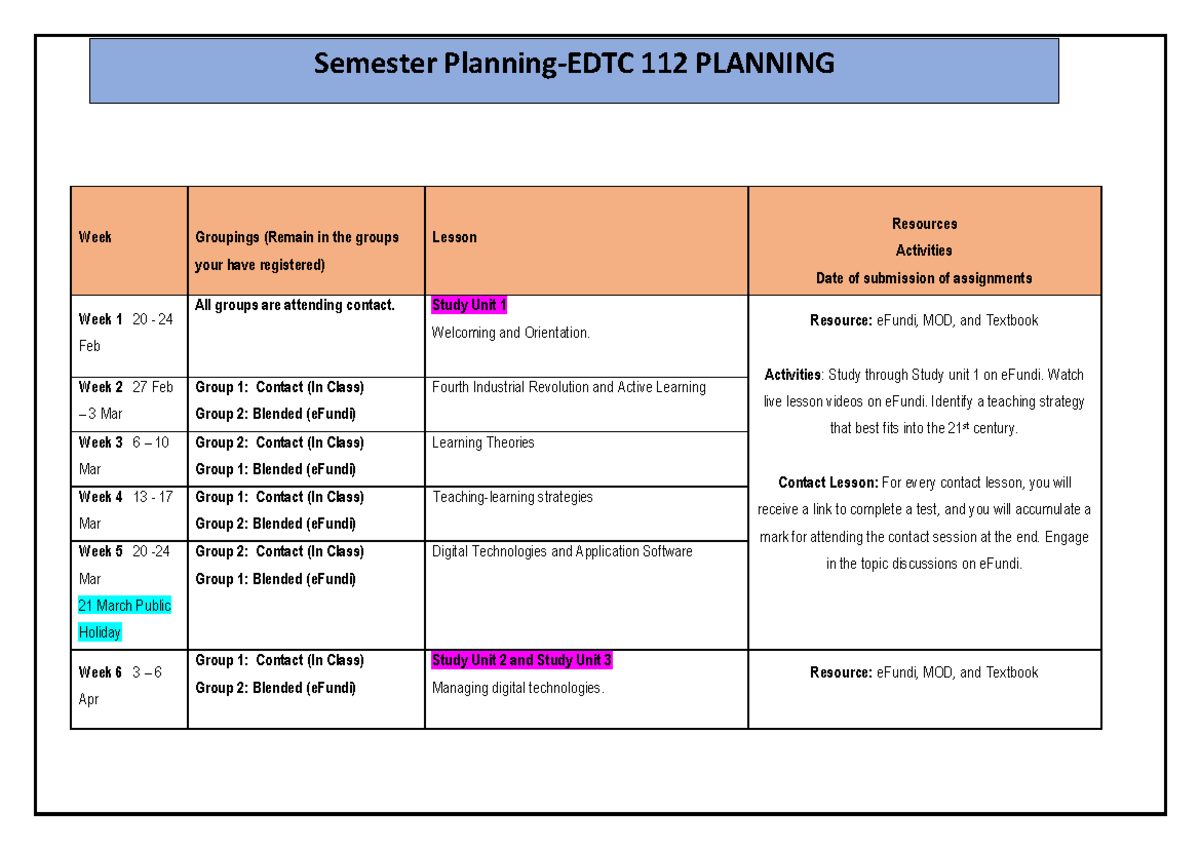 EDTC Planning - N/A - Semester Planning-EDTC 112 PLANNING Week ...