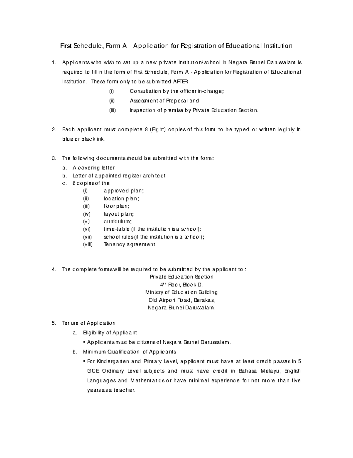 First Schedule Application for Registration of Educational Institution - First Schedule, Form A ...