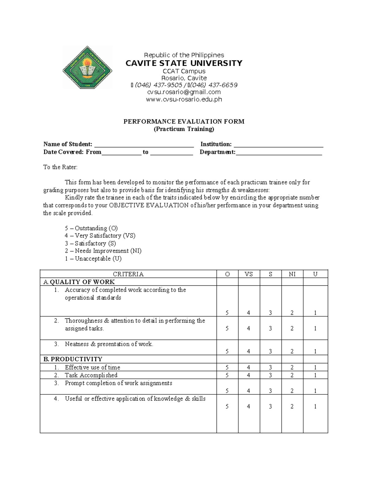 OJT Performance Evaluation Form - Republic of the Philippines CAVITE ...