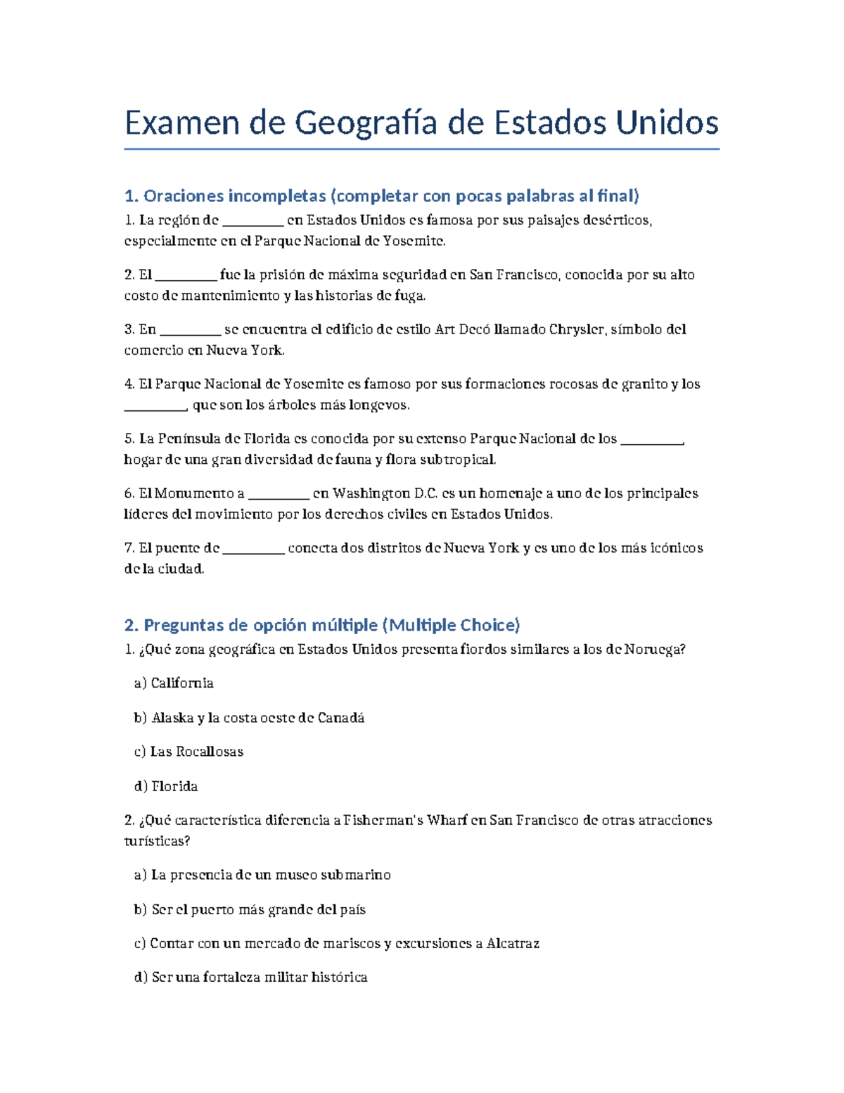 Modelo de examen Geografia Estados Unidos - Examen de Geografía de ...