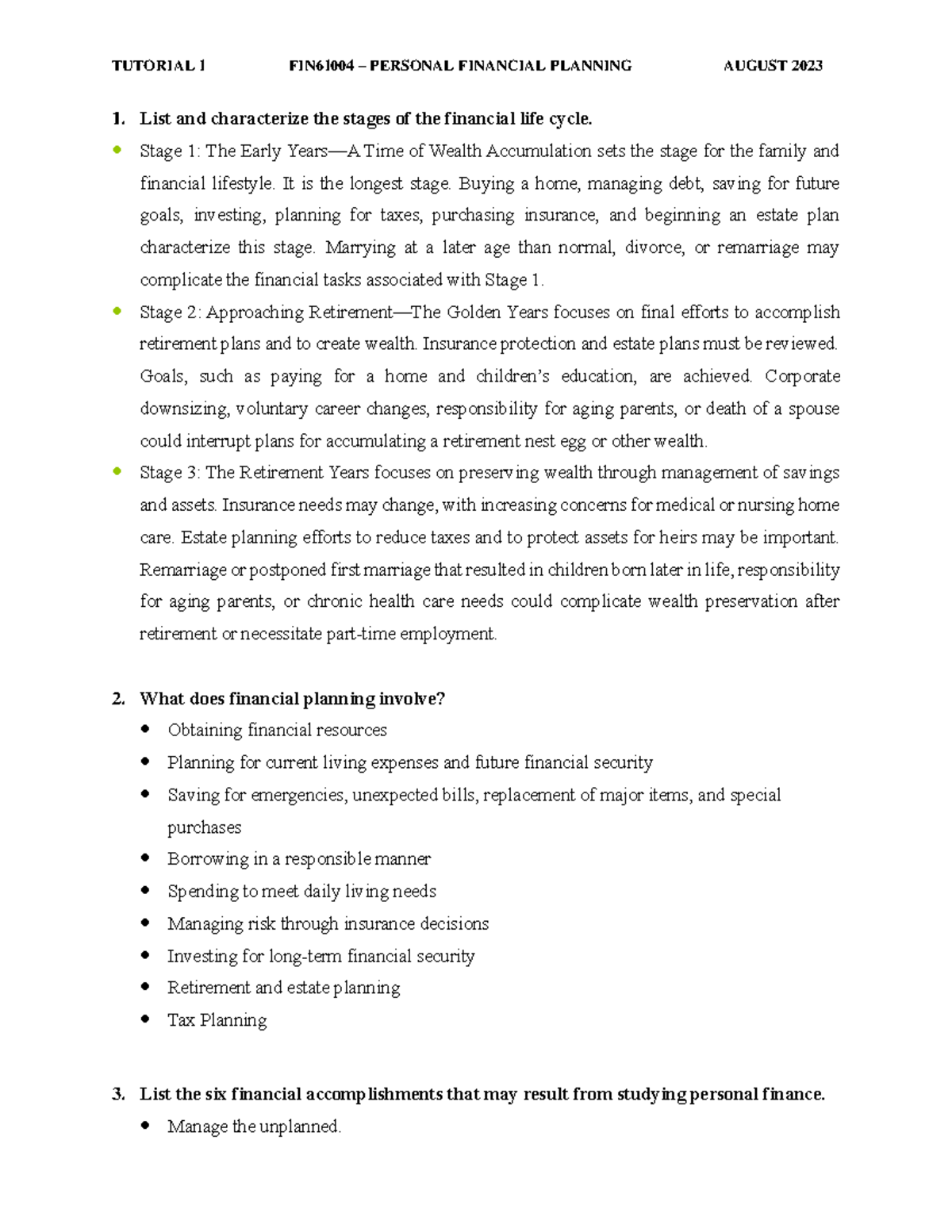 Tutorial 1 - Solutions - List and characterize the stages of the ...