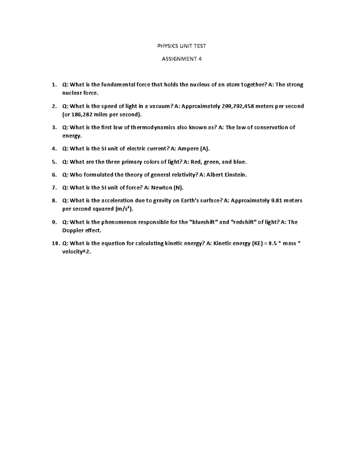 Physics UNIT TEST 4 - unit test - PHYSICS UNIT TEST ASSIGNMENT 4 Q ...