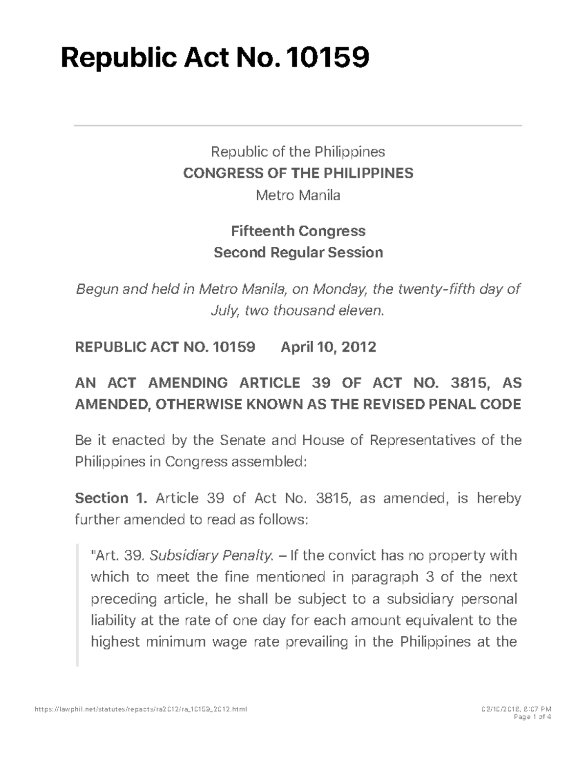 Republic Act No 10159 Republic Act No 10159 Republic Of The