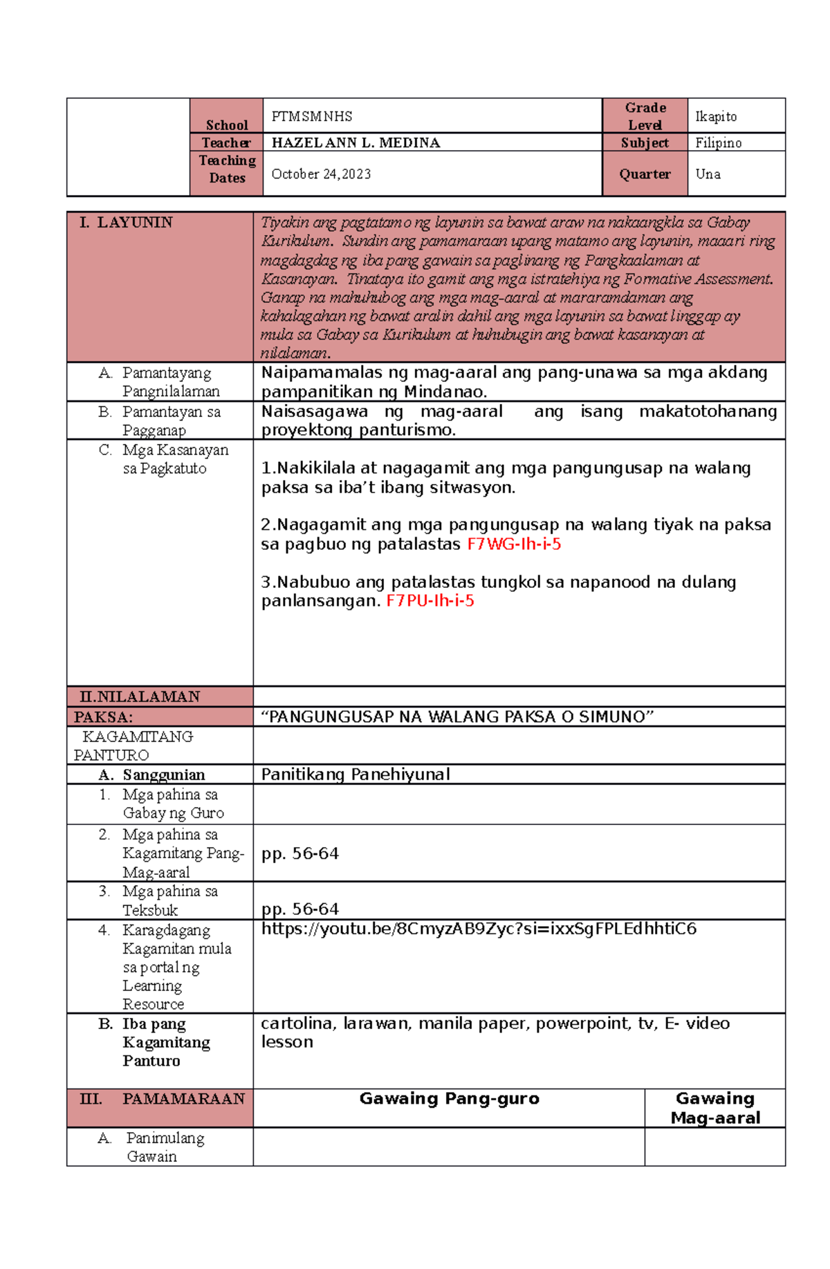 Hazel CO1 - FILIPINO 7 COT - School PTMSMNHS Grade Level Ikapito ...