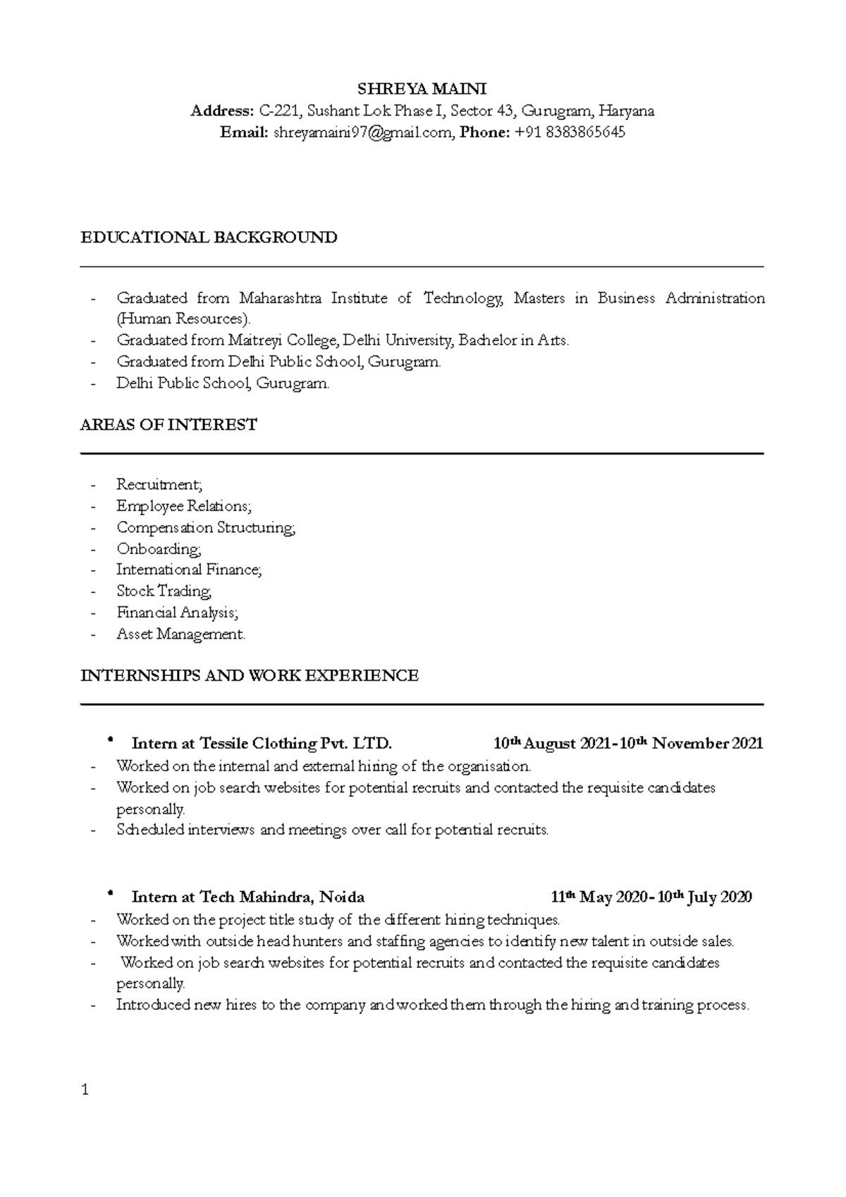 Shreya Maini New - Practice - SHREYA MAINI Address: C-221, Sushant Lok ...