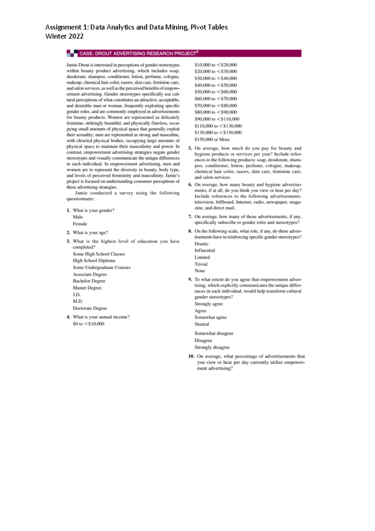 Assignment 1 - Pivot Tables - Assignment 1: Data Analytics and Data Mining, Pivot Tables Winter ...