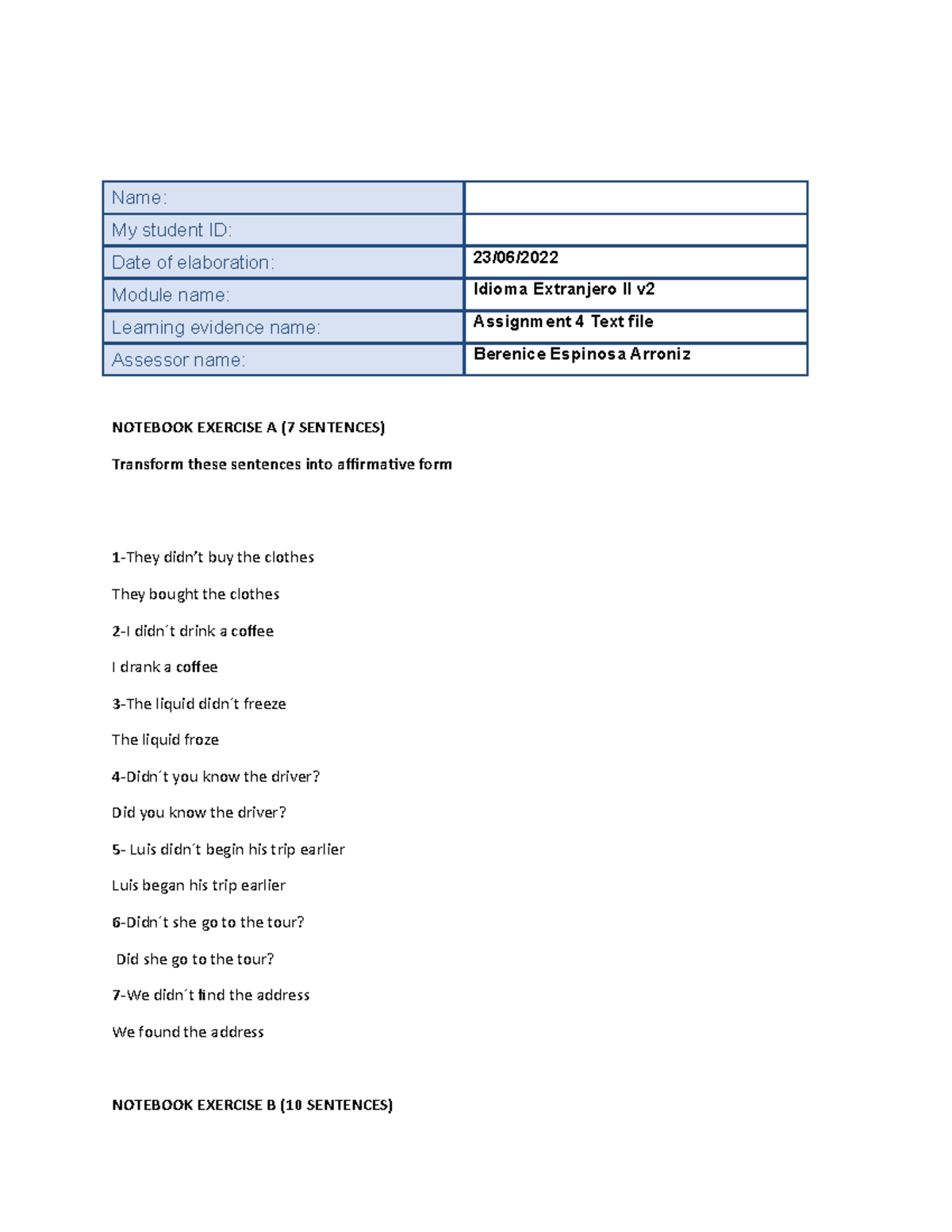 U2 sentences - Name: My student ID: Date of elaboration: 23/06/ Module ...
