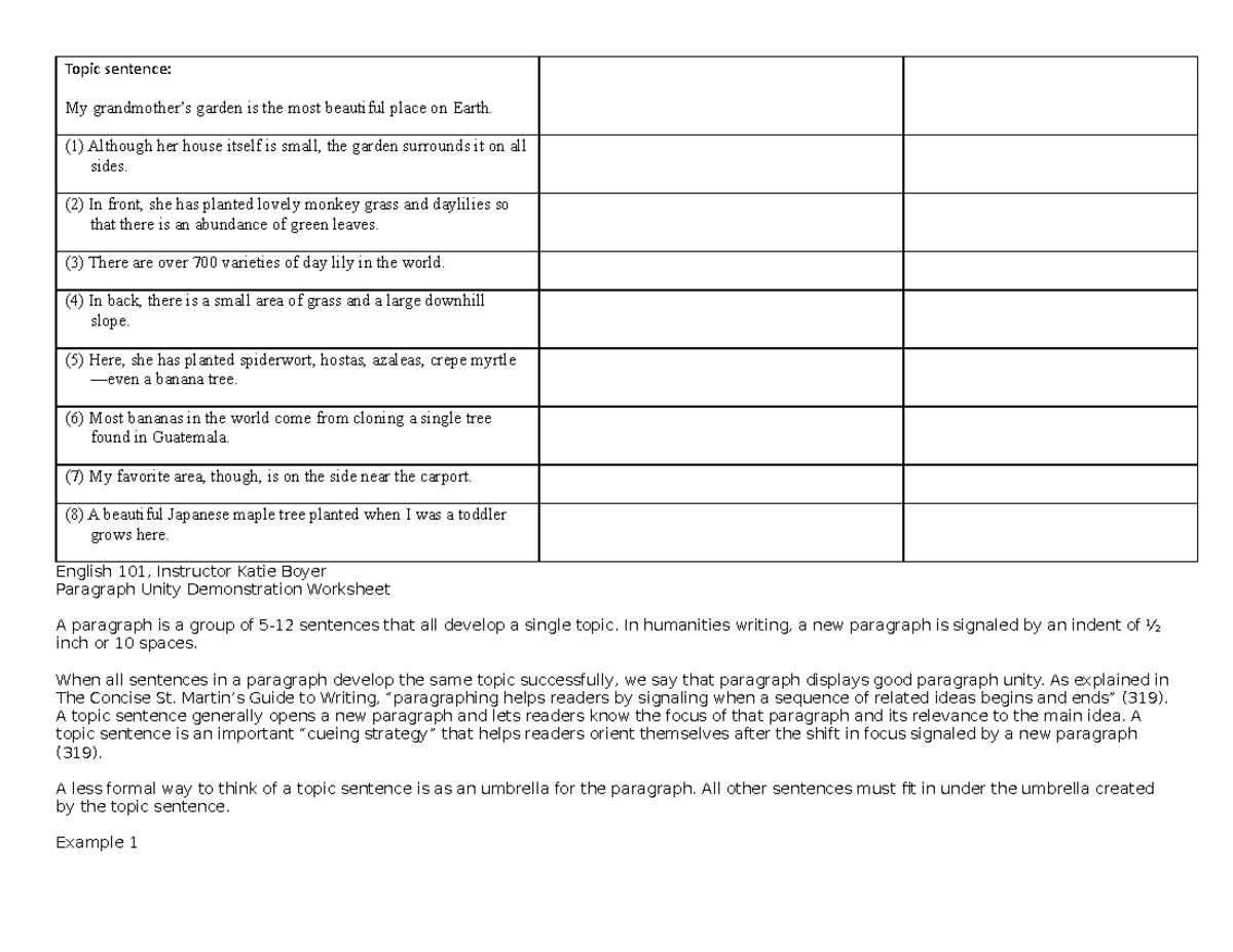 Paragraph Unity - editable worksheet sheet - Topic sentence: My ...