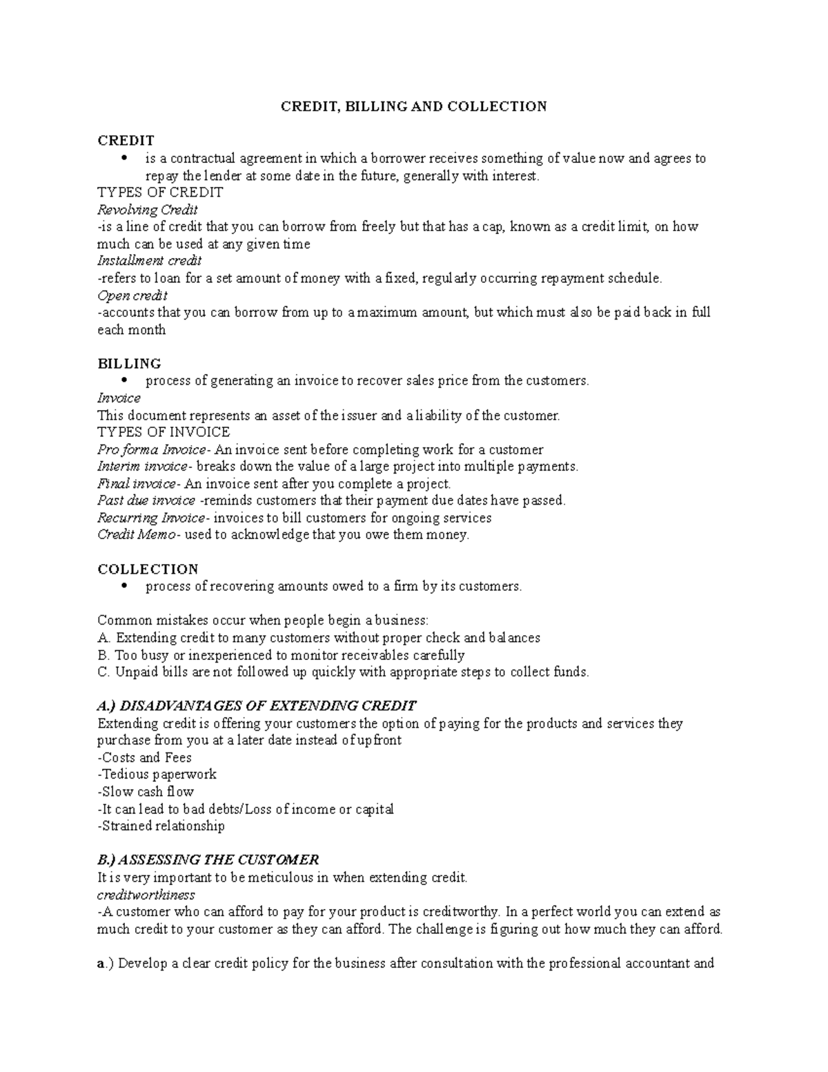 Credit Debit Collection - CREDIT, BILLING AND COLLECTION CREDIT is a ...