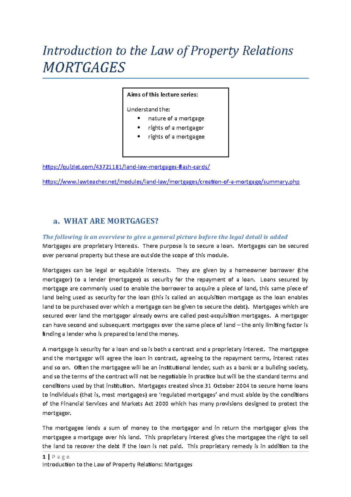 Lecture - Mortgages lecture notes 2020 - Introduction to the Law of ...