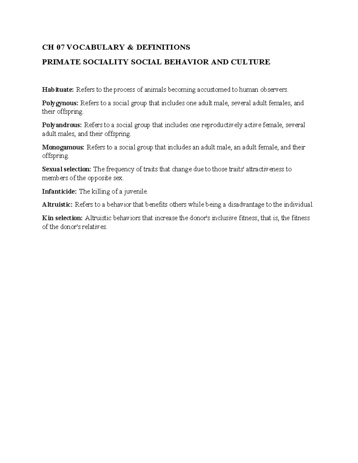 CH 07 Vocabulary Definitions - CH 07 VOCABULARY & DEFINITIONS PRIMATE SOCIALITY SOCIAL BEHAVIOR ...