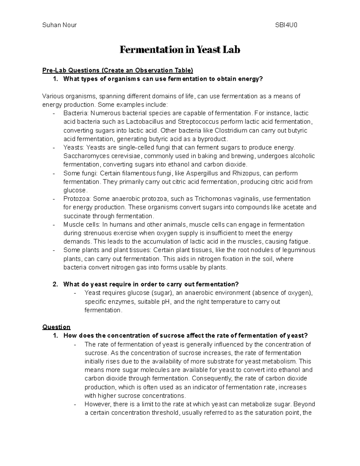 Yeast Lab documentation - Fermentation in Yeast Lab Pre-Lab Questions ...