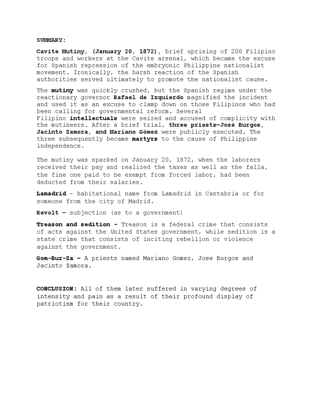 RPH The Cavite Munity - SUMMARY: Cavite Mutiny , (January 20, 1872 ...