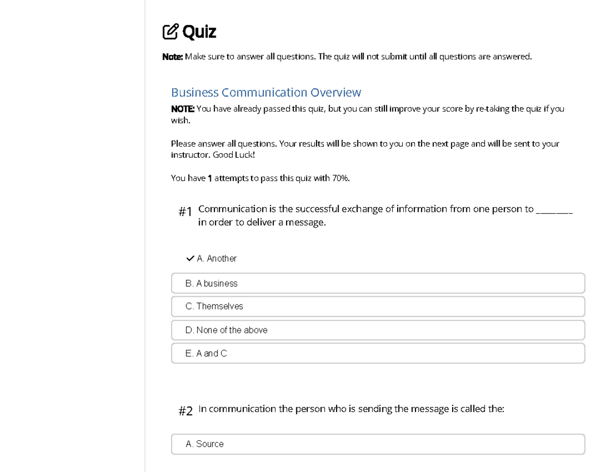 Module 1 - Business Communication Overview QUIZ - Quiz Note: Make sure ...