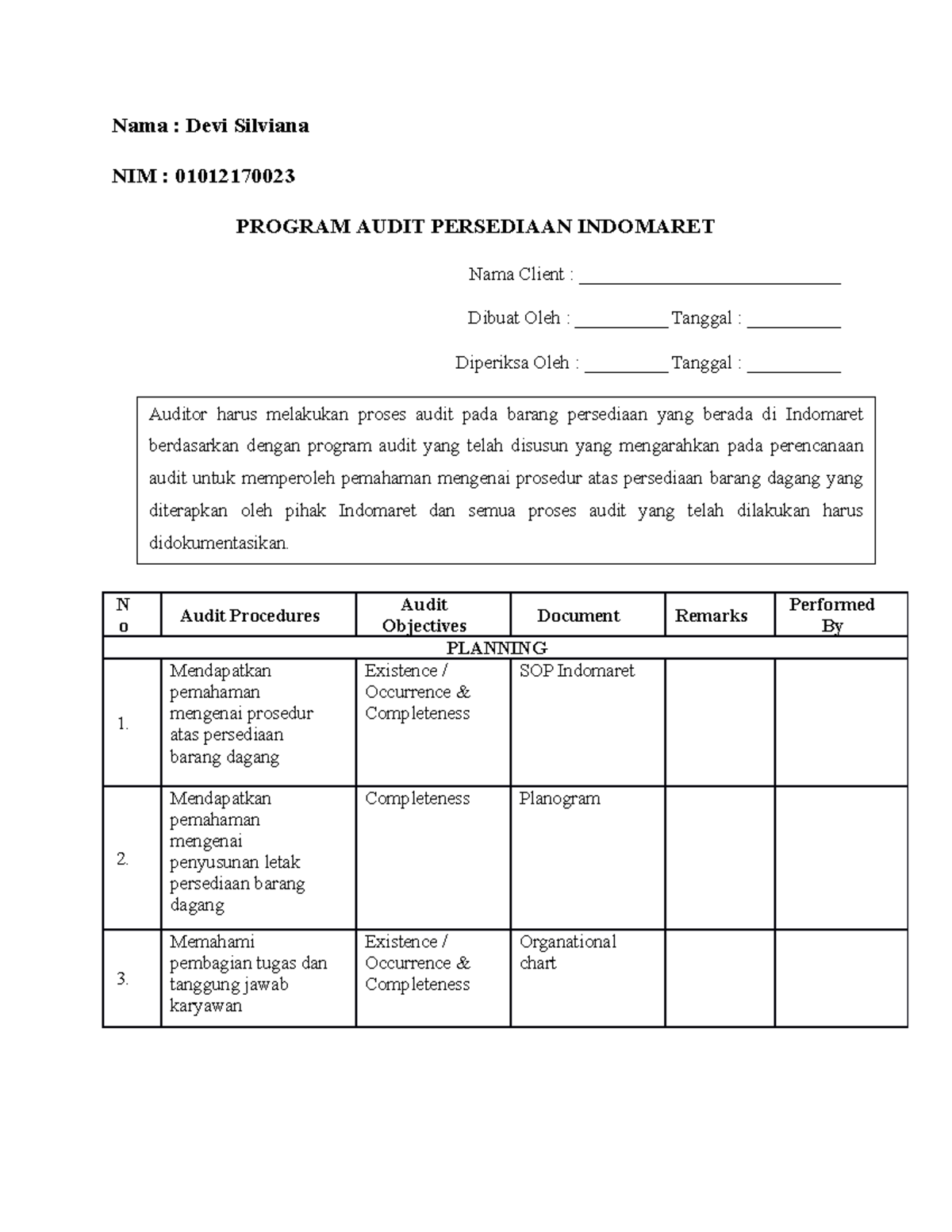 Program Audit Persediaan Indomaret - Nama : Devi Silviana NIM ...