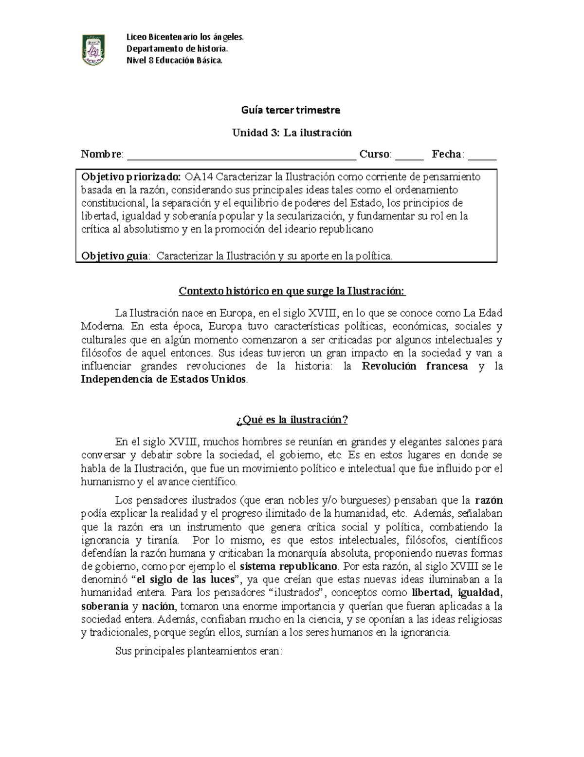 Guía 1 La ilustración - Guía de Historia para 8vo básico - Guía tercer ...