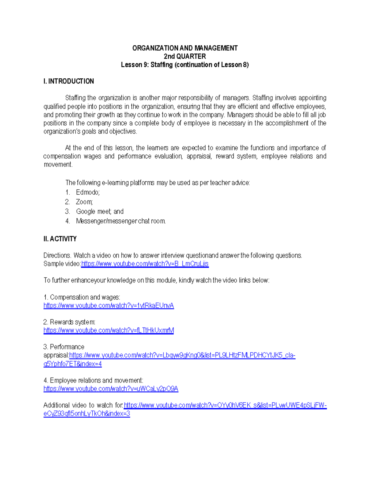 Lesson 9 continuation of lesson 8 send - ORGANIZATION AND MANAGEMENT ...