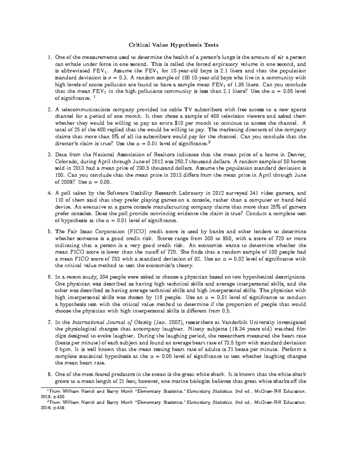 Critical value problems - Critical Value Hypothesis Tests One of the ...