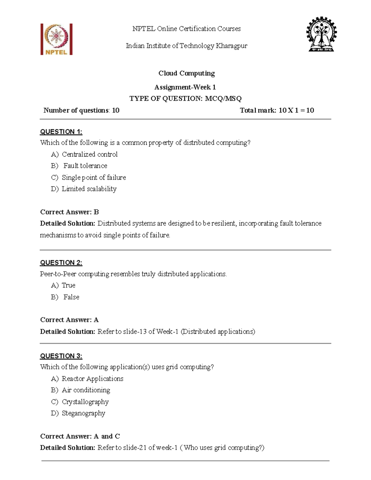 Nptel assignment - Indian Institute of Technology Kharagpur Cloud ...