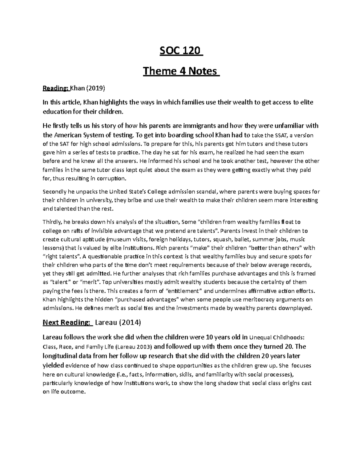 SOC 120 Theme 4 Final Notes - SOC 120 Theme 4 Notes Reading: Khan (2019 ...